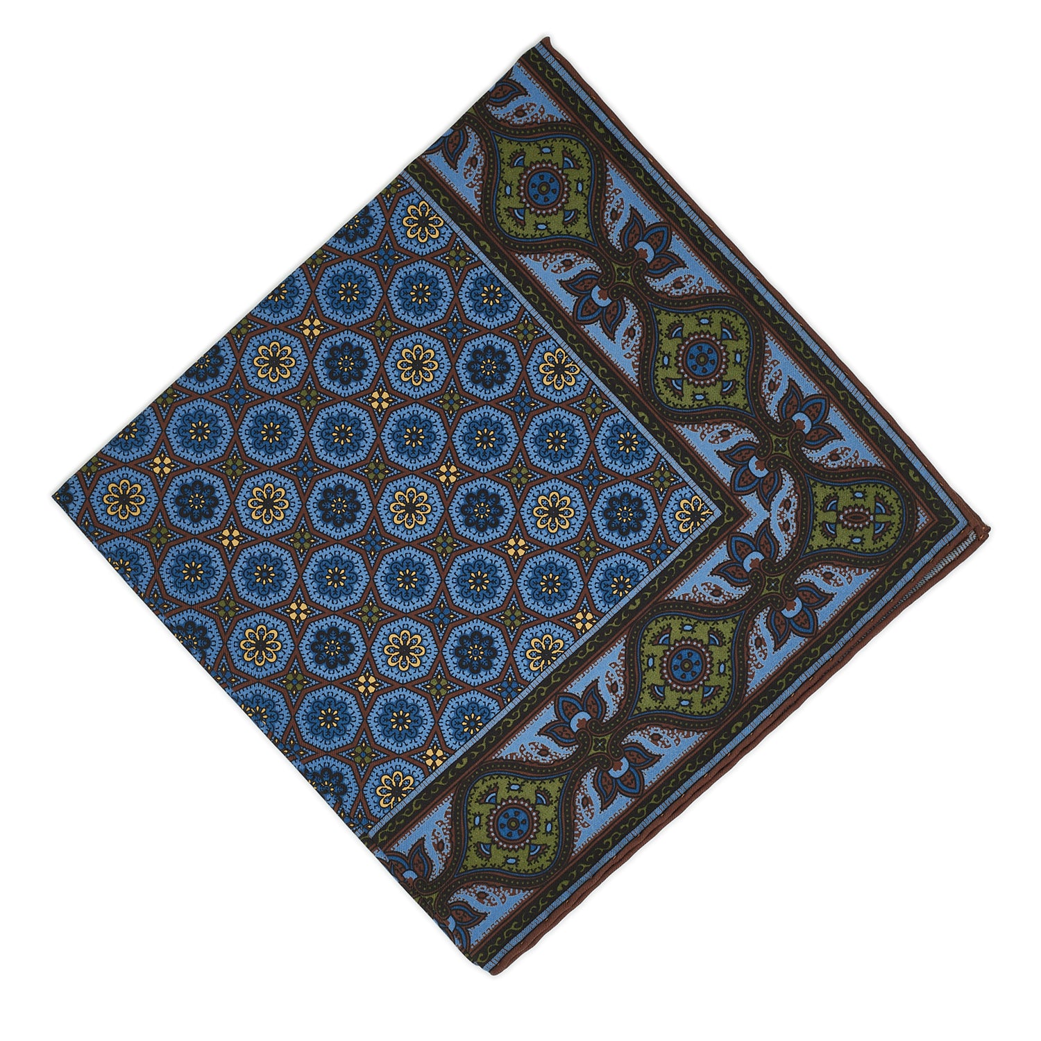 Sovereign Grade Olive and Blue Floral Ancient Madder Pocket Square | KirbyAllison.com